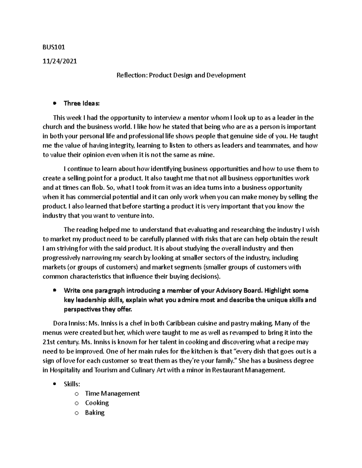 W11 Reflection Product Design and Development - BUS 11/24/ Reflection ...