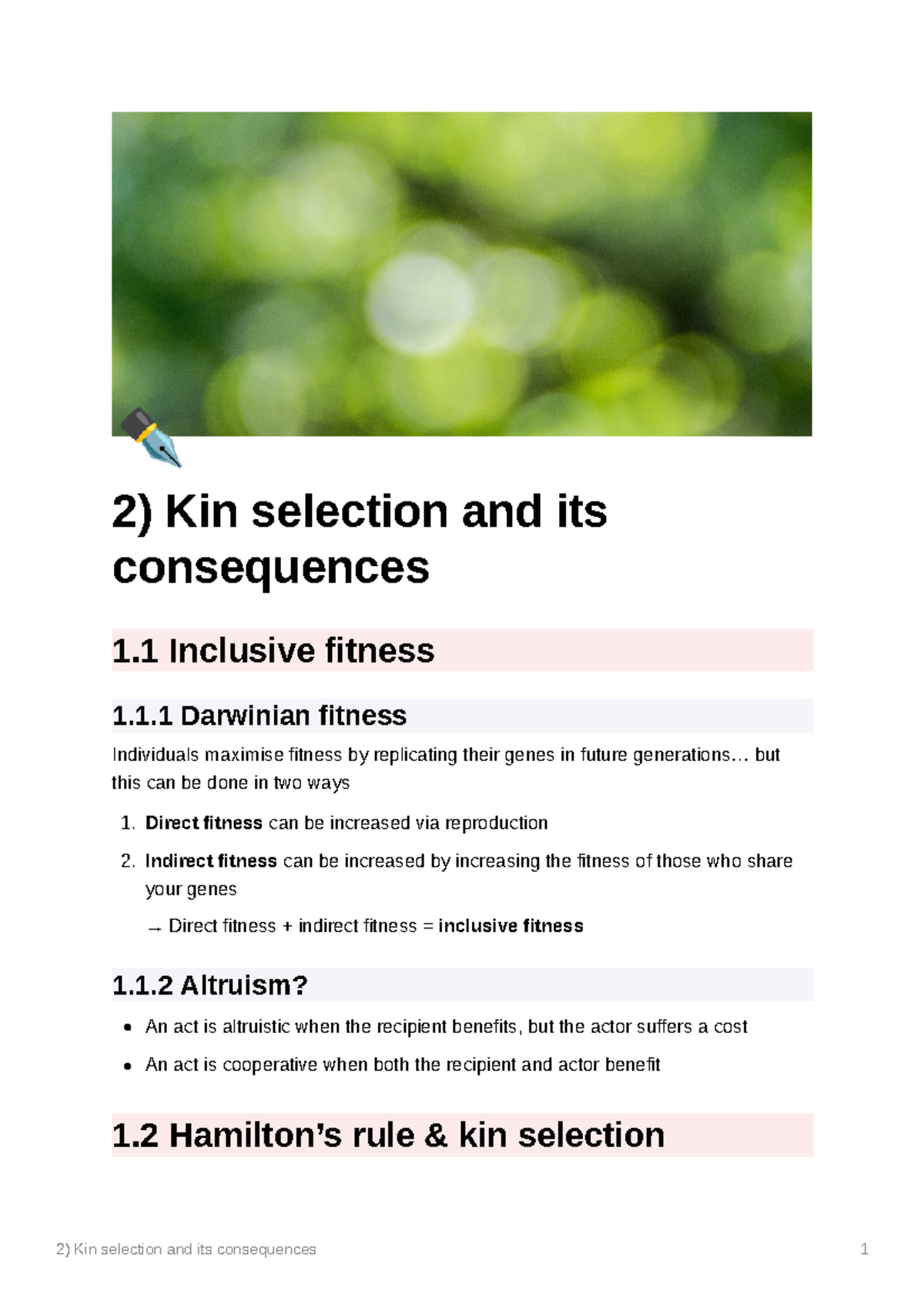 2) Kin selection and its consequences - 2) Kin selection and its ...