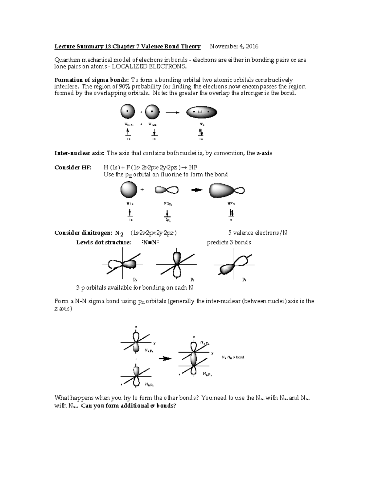 Lec Sum13 Valence Bond Theory Ch7 - Lecture Summary 13 Chapter 7 ...