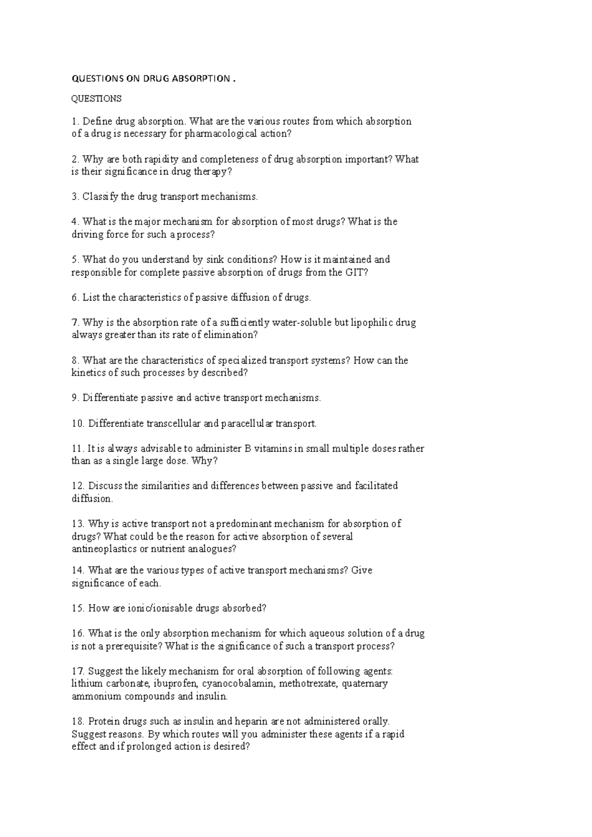 Question on Drug Absorption - QUESTIONS ON DRUG ABSORPTION. QUESTIONS ...