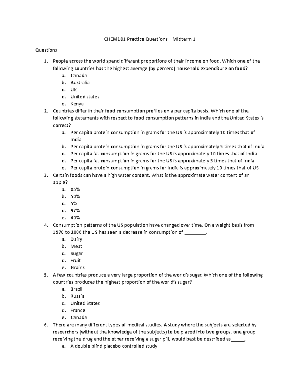 Chem181 Practice Questions Midterm 1 - CHEM181 Practice Questions – Midterm 1 Questions People ...