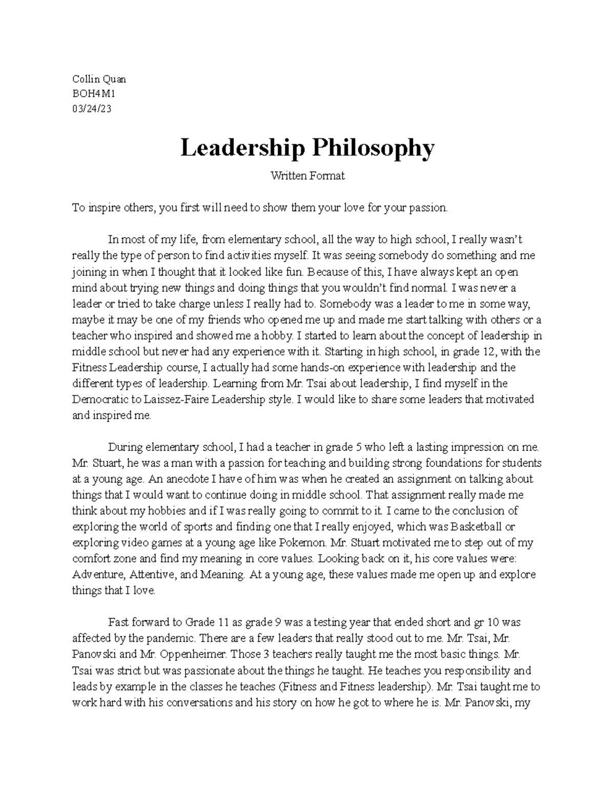 Leadership Philosophy - Collin Quan BOH4M 03/24/ Leadership Philosophy ...