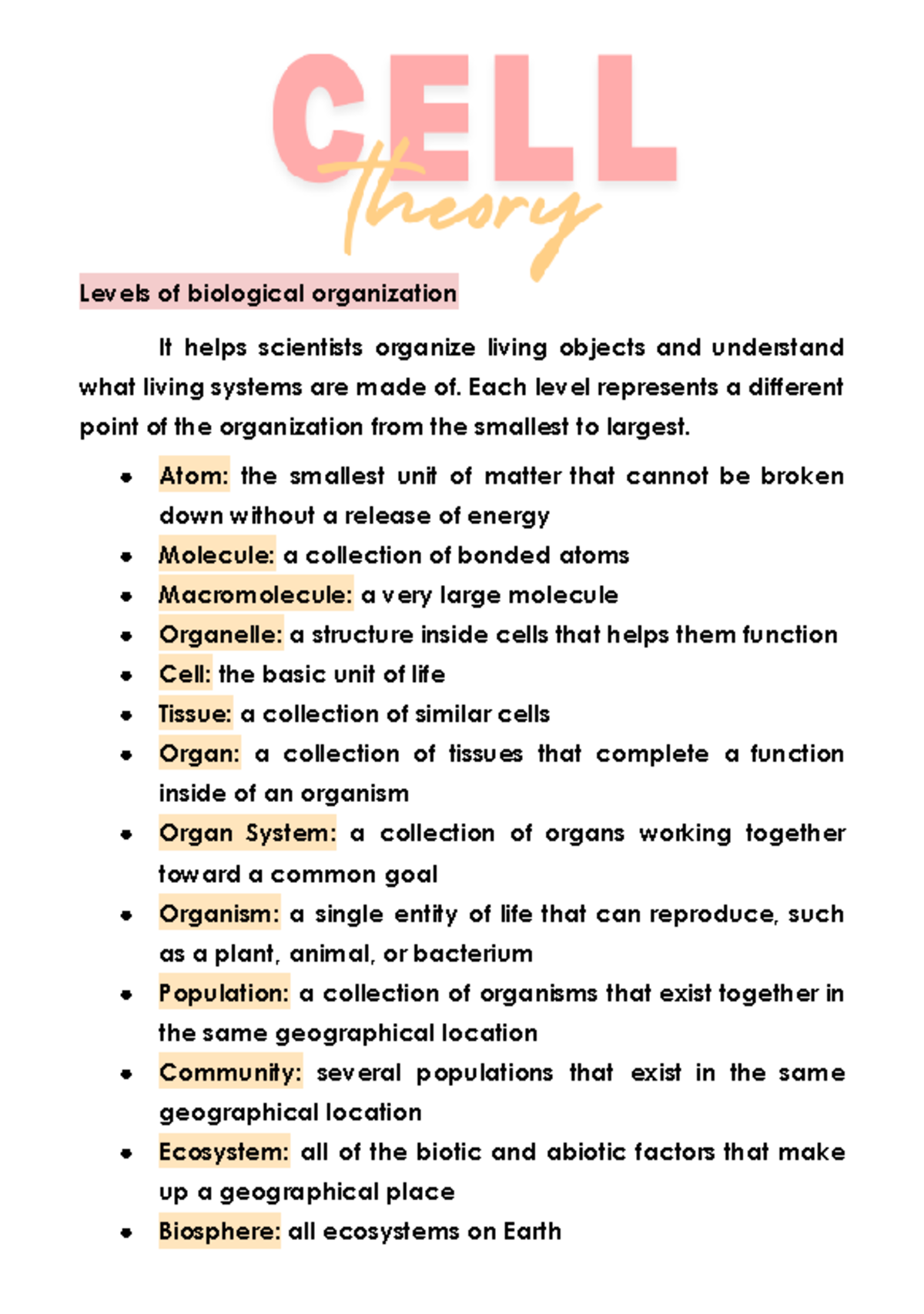 BIO Notes - Levels of biological organization It helps scientists ...