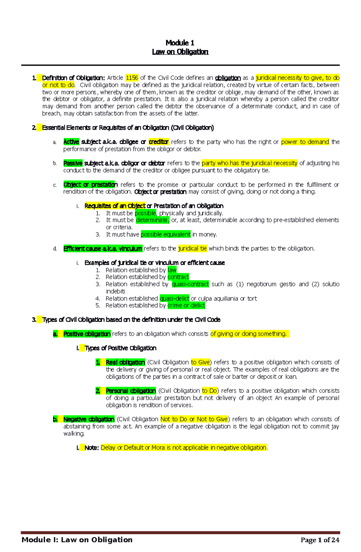 Module I Law on Obligation - Module 1 Law on Obligation Definition of ...