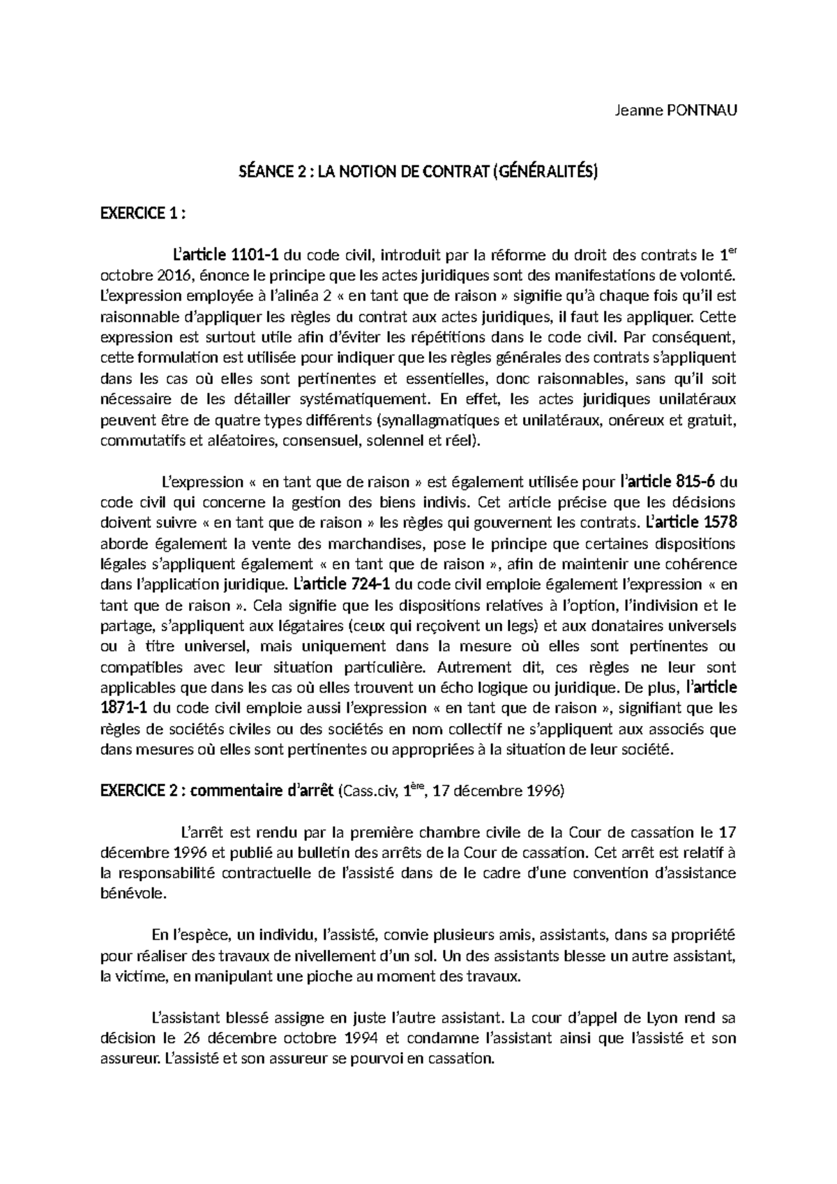 Séance 2- devoir - Jeanne PONTNAU SÉANCE 2 : LA NOTION DE CONTRAT (GÉNÉRALITÉS) EXERCICE 1 ...