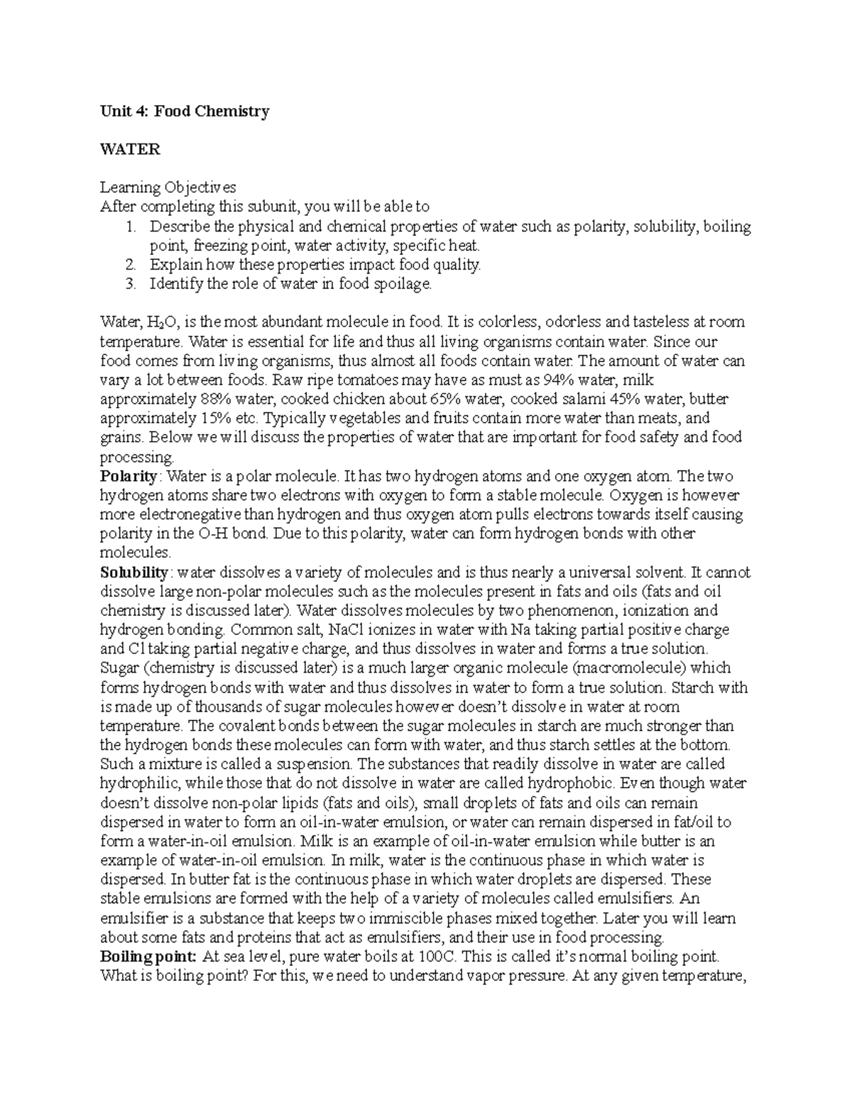 HNSC 1200 Units 4-6 Prof's Notes - Unit 4: Food Chemistry WATER ...
