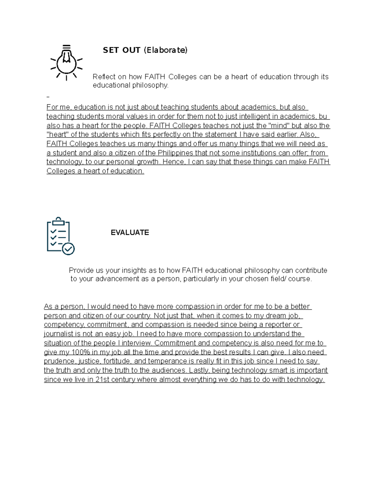 Joshua Roldan-Assignment No - SET OUT (Elaborate) Reflect on how FAITH ...