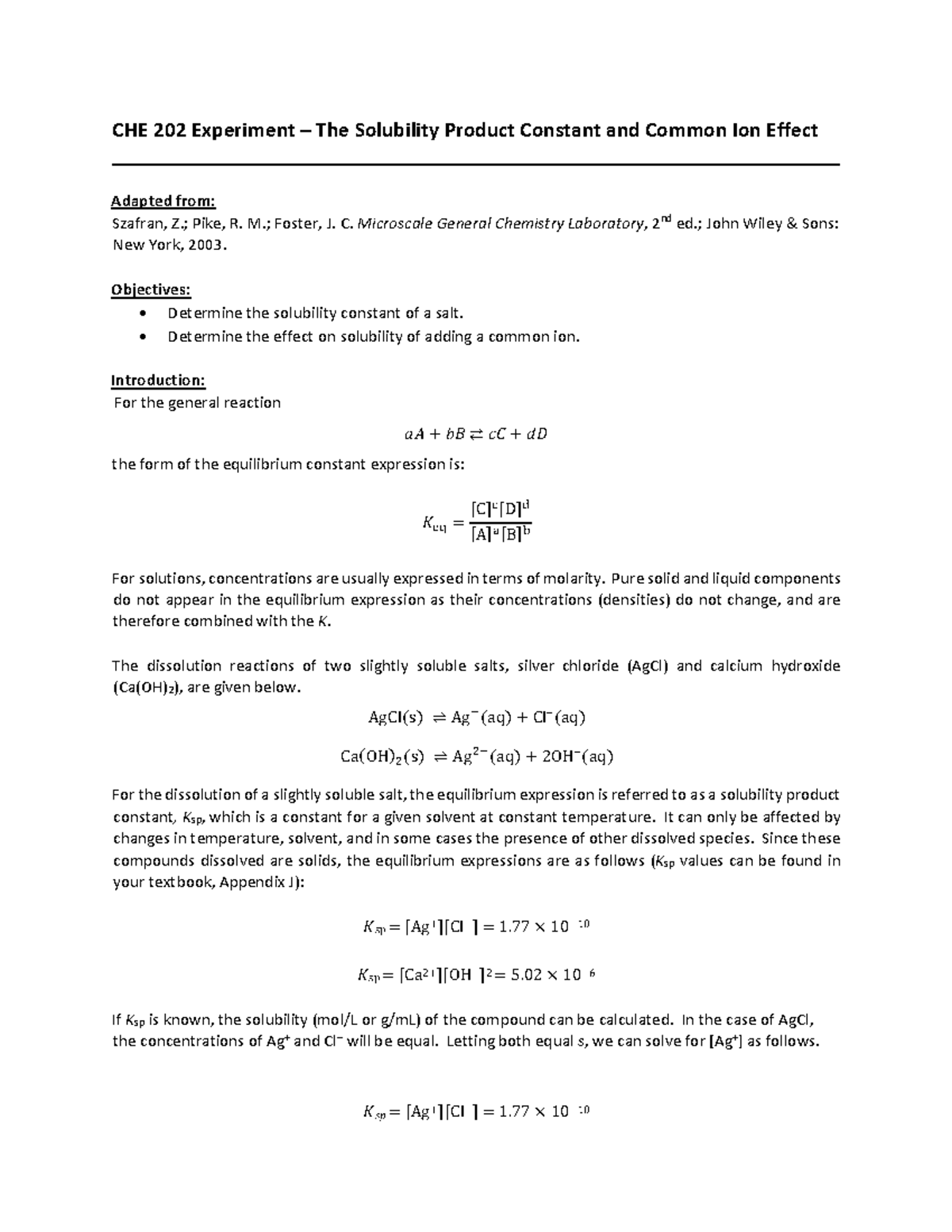 Chem Lab #6 - lab - Adapted from: Szafran, Z.; Pike, R. M.; Foster, J ...