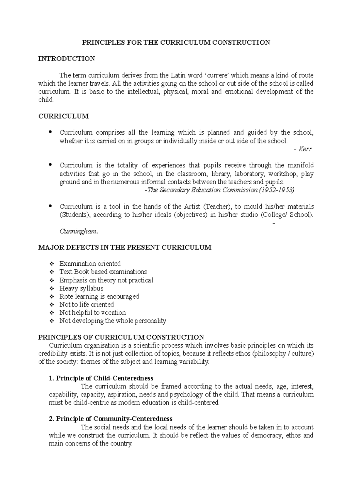 Principles of Curriculum Construction - PRINCIPLES FOR THE CURRICULUM ...