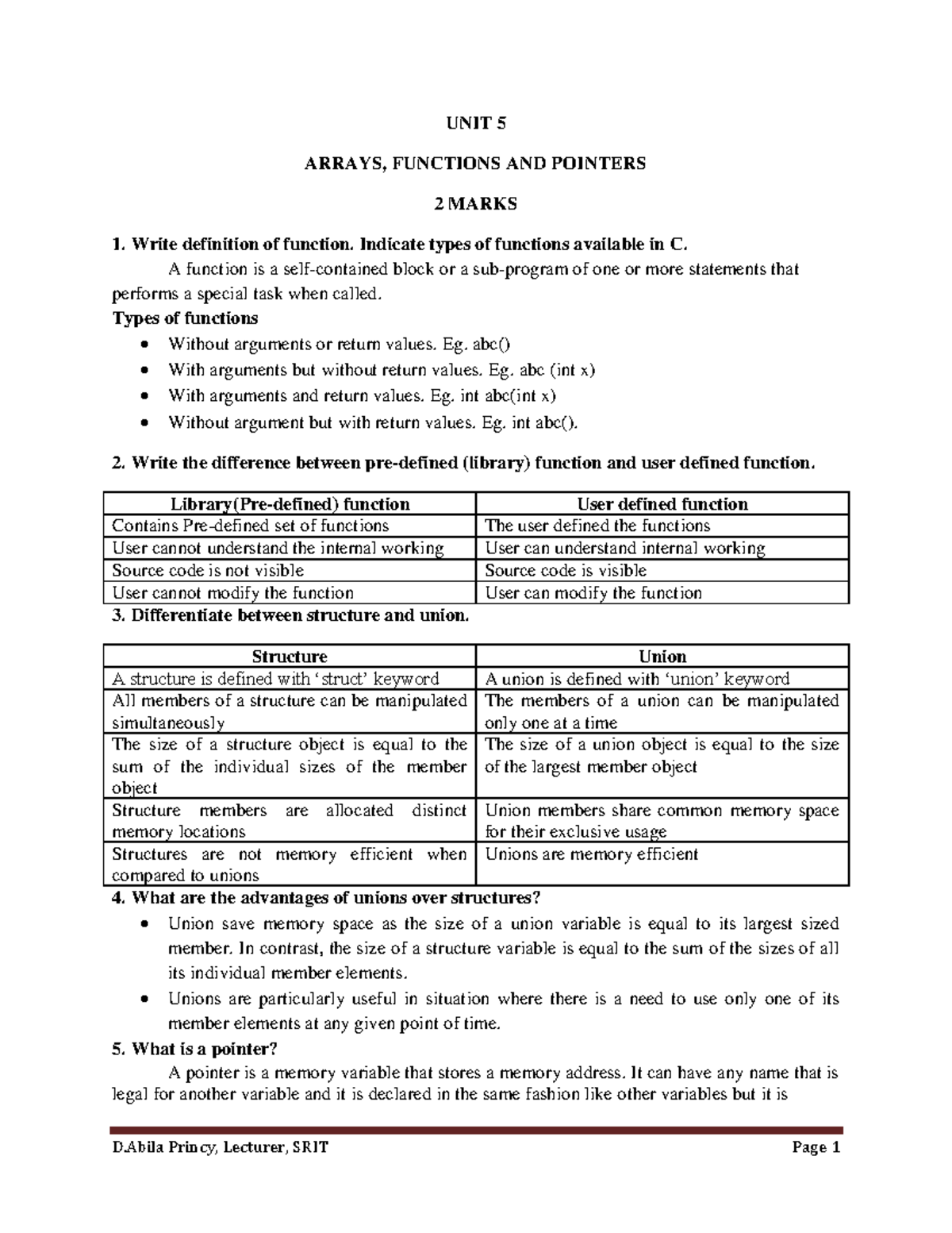 5th unit - UNIT 5 ARRAYS, FUNCTIONS AND POINTERS 2 MARKS Write definition of function. Indicate ...