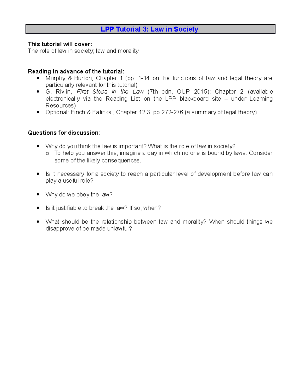 Tutorial 3 - Law in Society - LPP Tutorial 3: Law in Society This ...