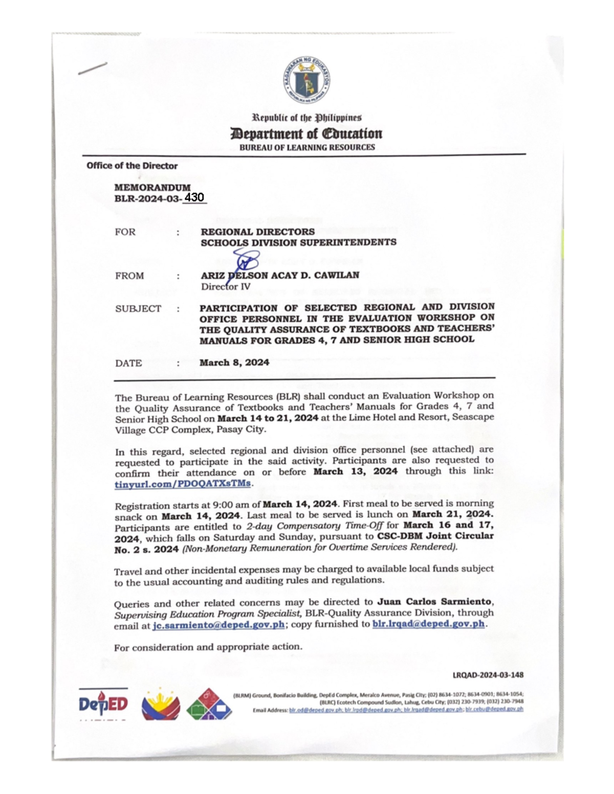 BLR 2024 03 430 - BLR 2024 03 430 - Deped Memo - Participation of ...
