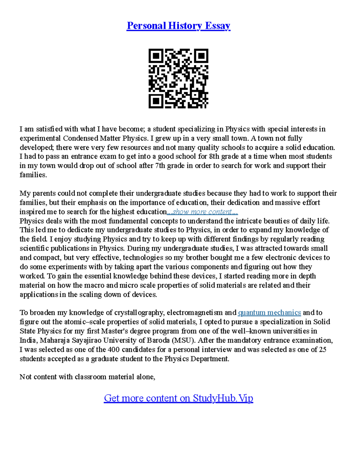 History Sample Essays - Personal History Essay I am satisfied with what ...