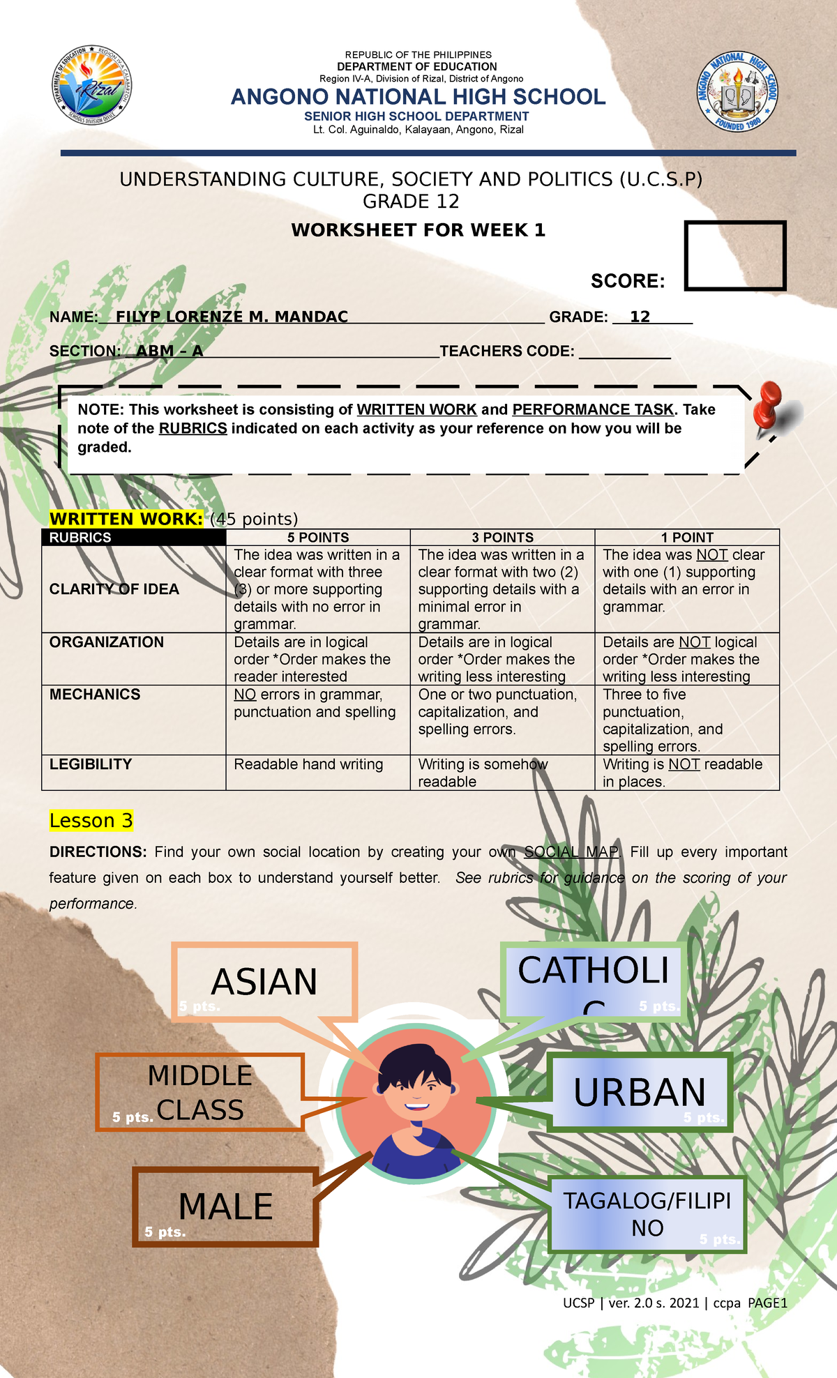 UCSP Worksheet WEEK 1 revised - REPUBLIC OF THE PHILIPPINES DEPARTMENT ...