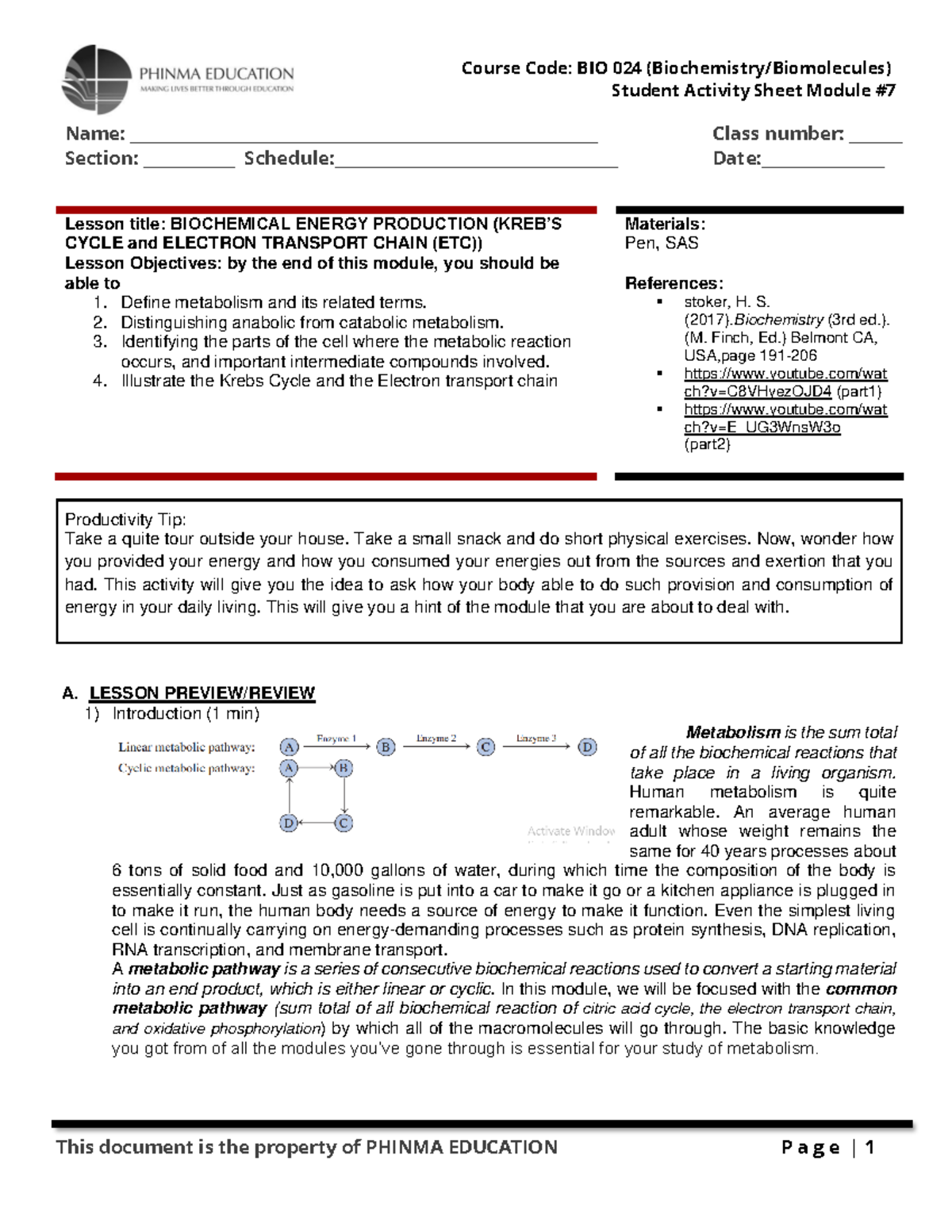 SAS for Biochemistry (BIO 024) Module #7 - Student Activity Sheet ...