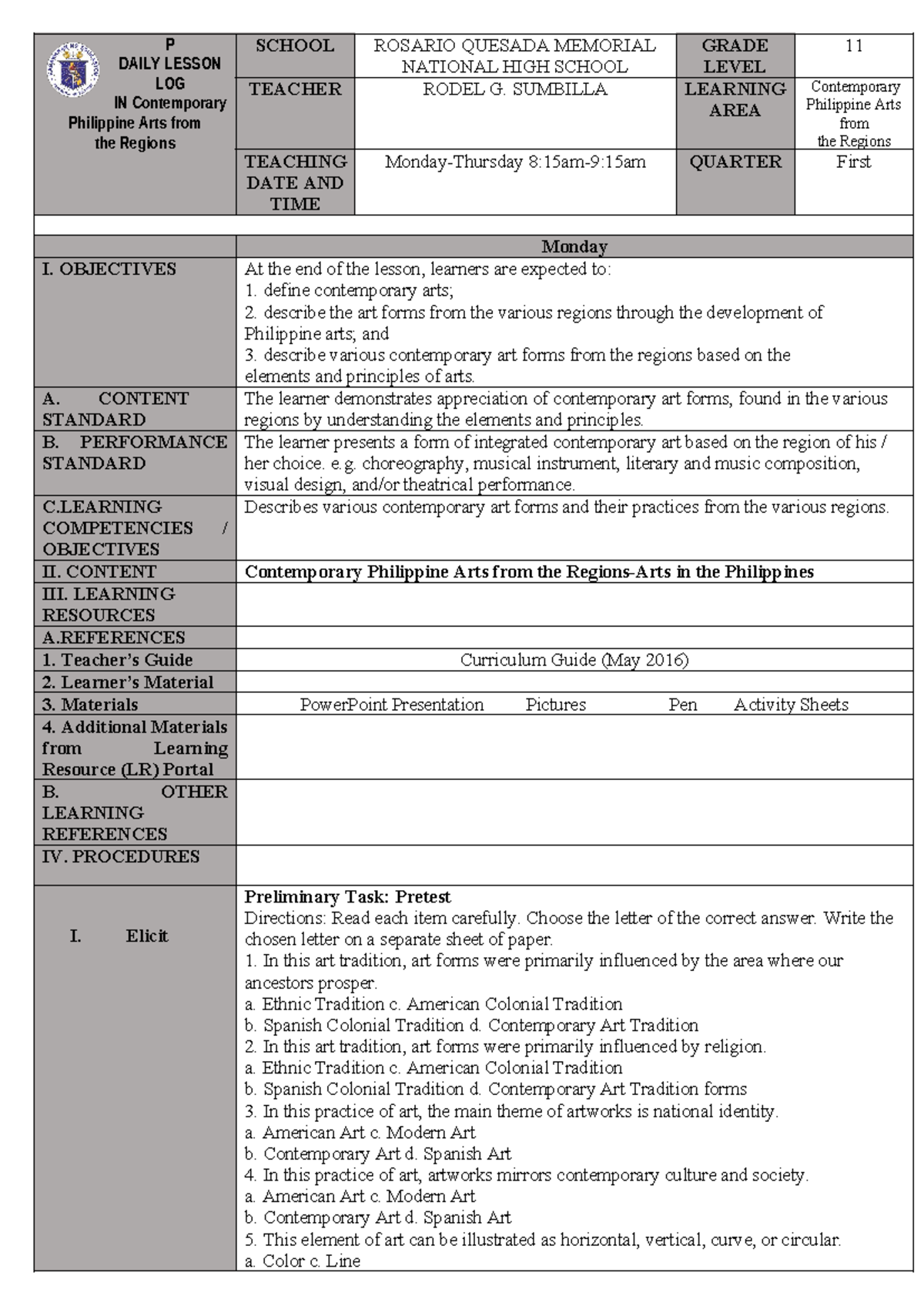 DLL CPAR - philippine arts - P DAILY LESSON LOG IN Contemporary ...