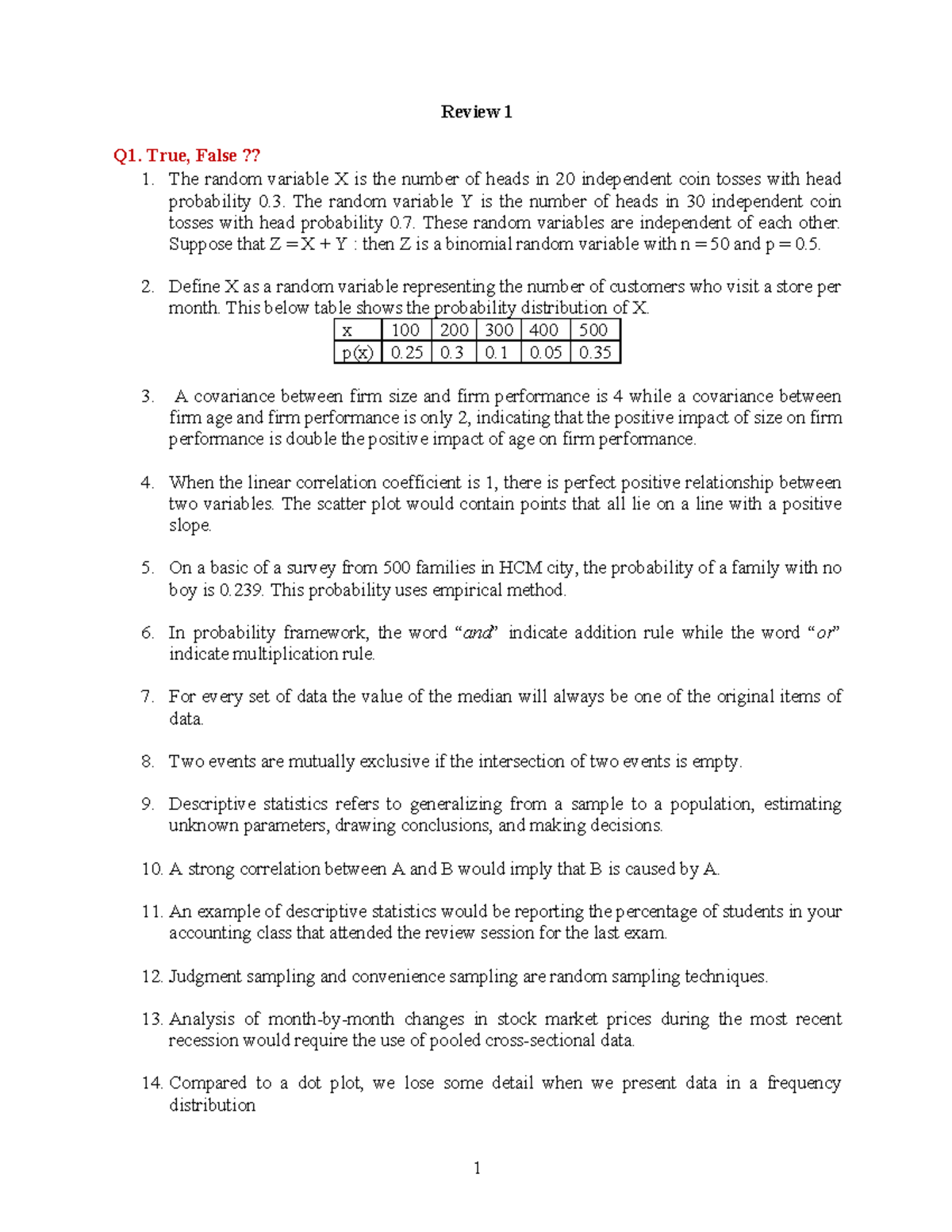 Review-1-2024 - 1 Review 1 Q1. True, False ?? The random variable X is ...