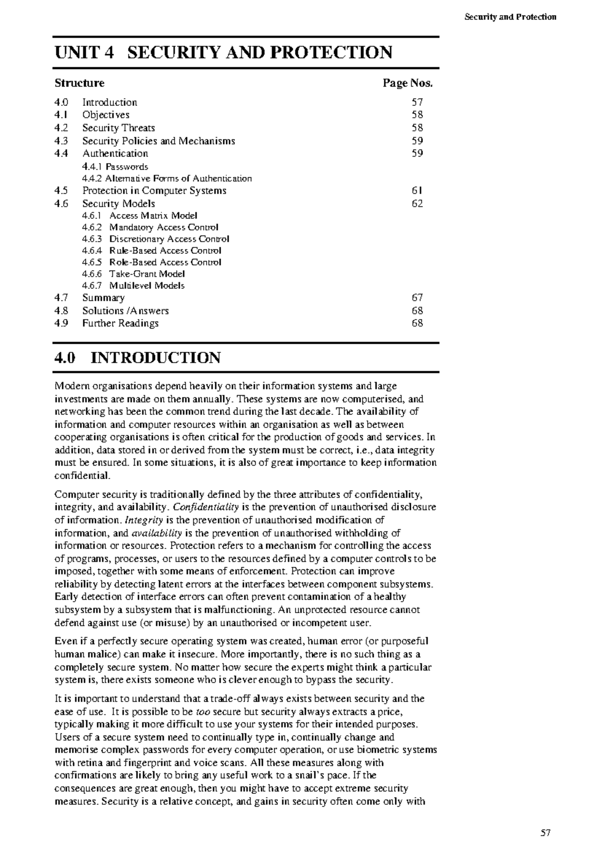 Block-2 MS-041 Unit-1 - Security and Protection UNIT 4 SECURITY AND PROTECTION Structure Page ...