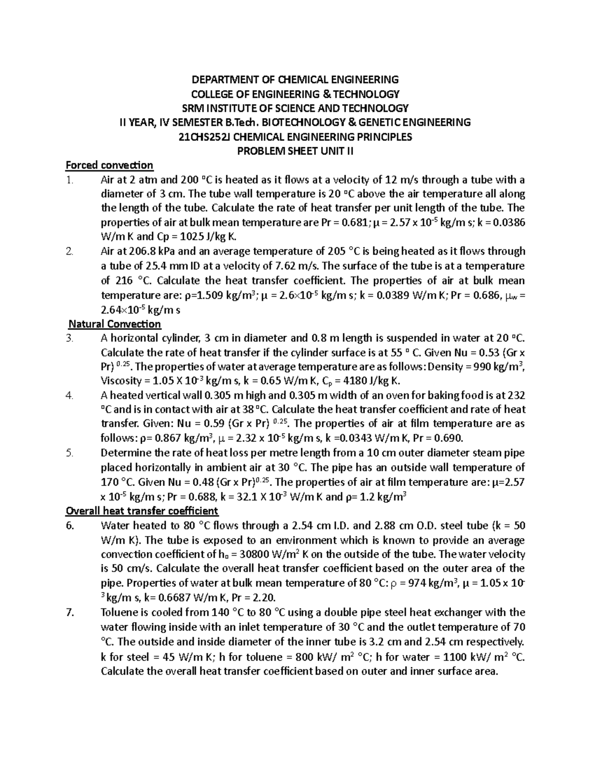 Problem Sheet Unit II - DEPARTMENT OF CHEMICAL ENGINEERING COLLEGE OF ...