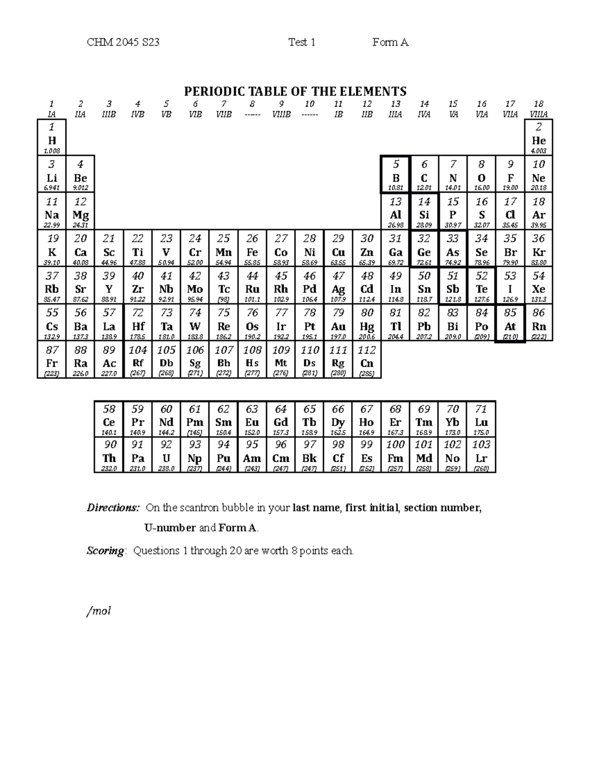 CHM 2045 S23 Test 1 - Form A with answers - PERIODIC TABLE OF THE ...