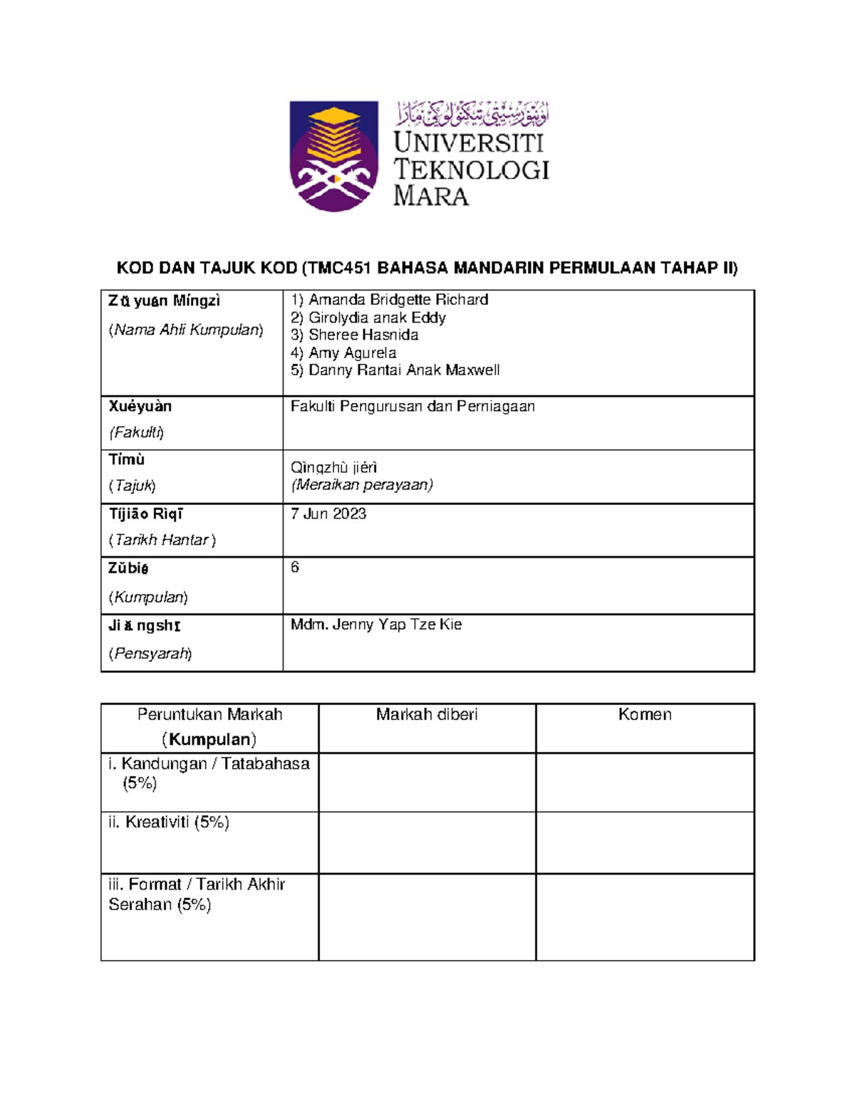 TMC451 ROLE PLAY ( Group) - KOD DAN TAJUK KOD (TMC451 BAHASA MANDARIN ...