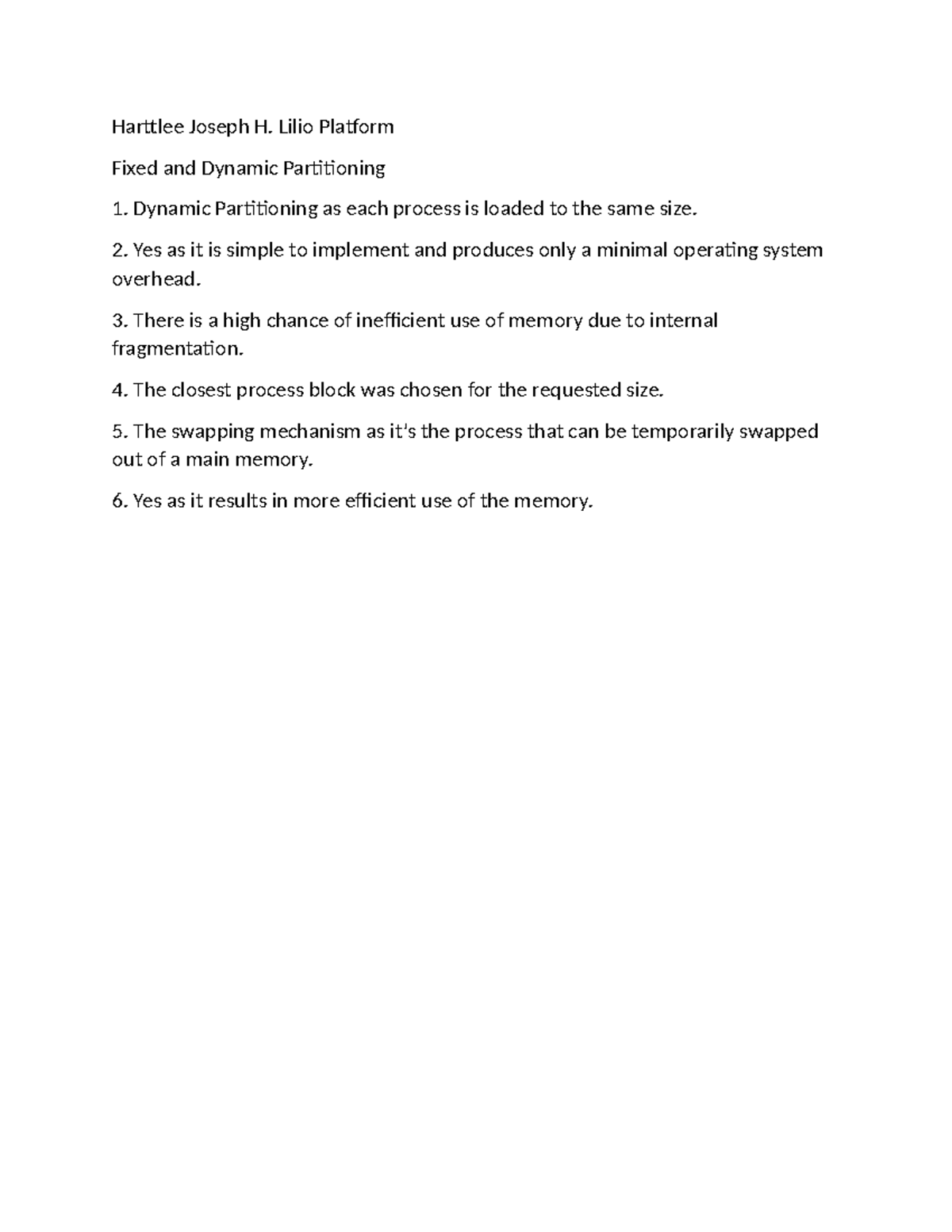 Fixedand Dynamic Partitioning Harttlee Joseph H Lilio Platform Fixed And Dynamic Partitioning