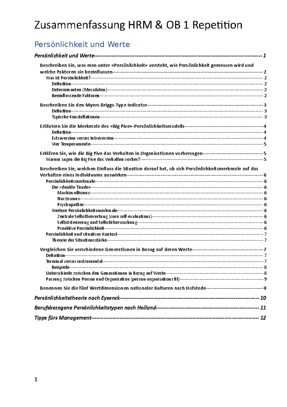 HRM und OB 1: Persönlichkeit und Werte - Zusammenfassung HRM & OB 1 ...