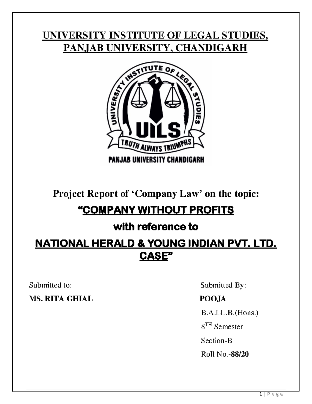 Company law project - UNIVERSITY INSTITUTE OF LEGAL STUDIES, PANJAB ...