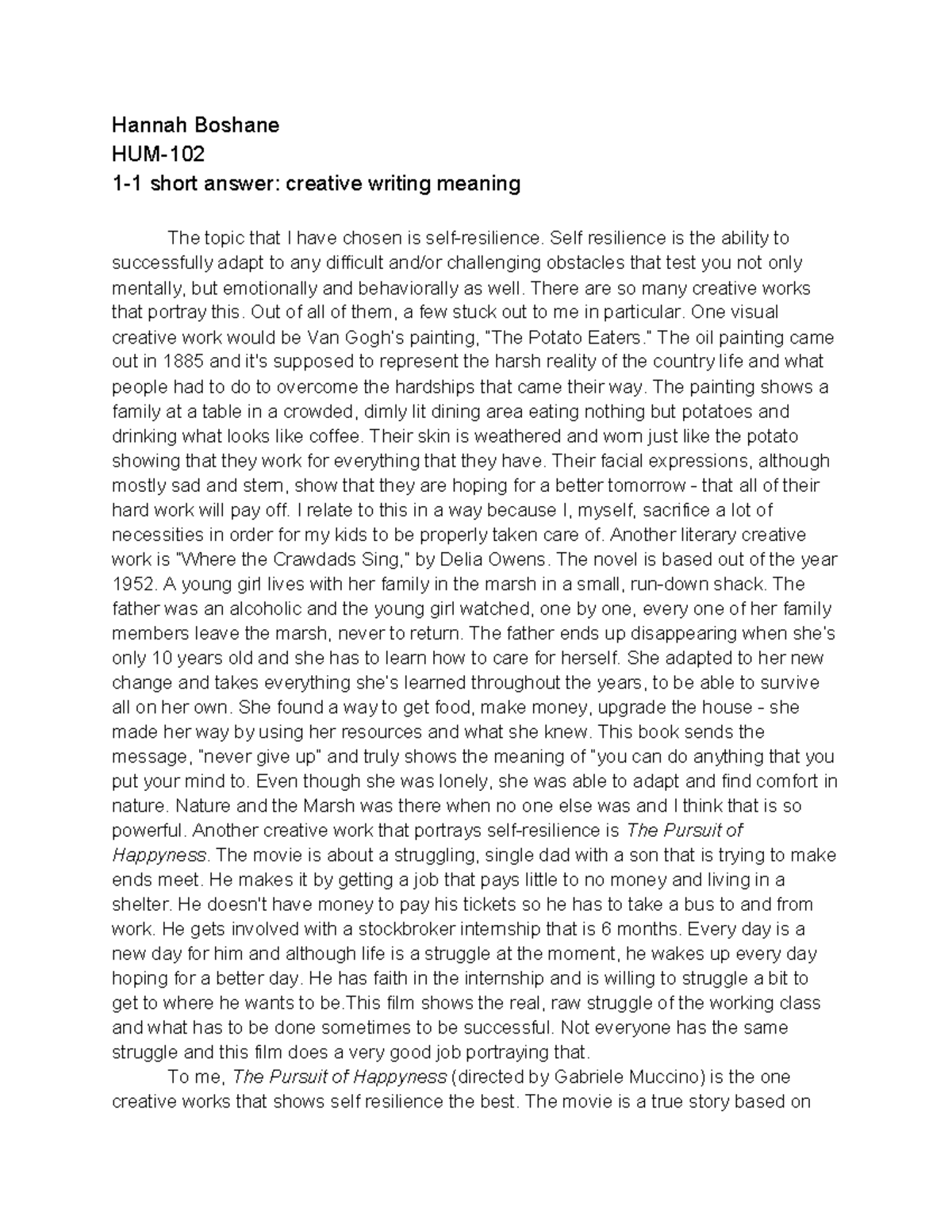 1-2 Short Answer - Hannah Boshane HUM- 1-1 short answer: creative ...