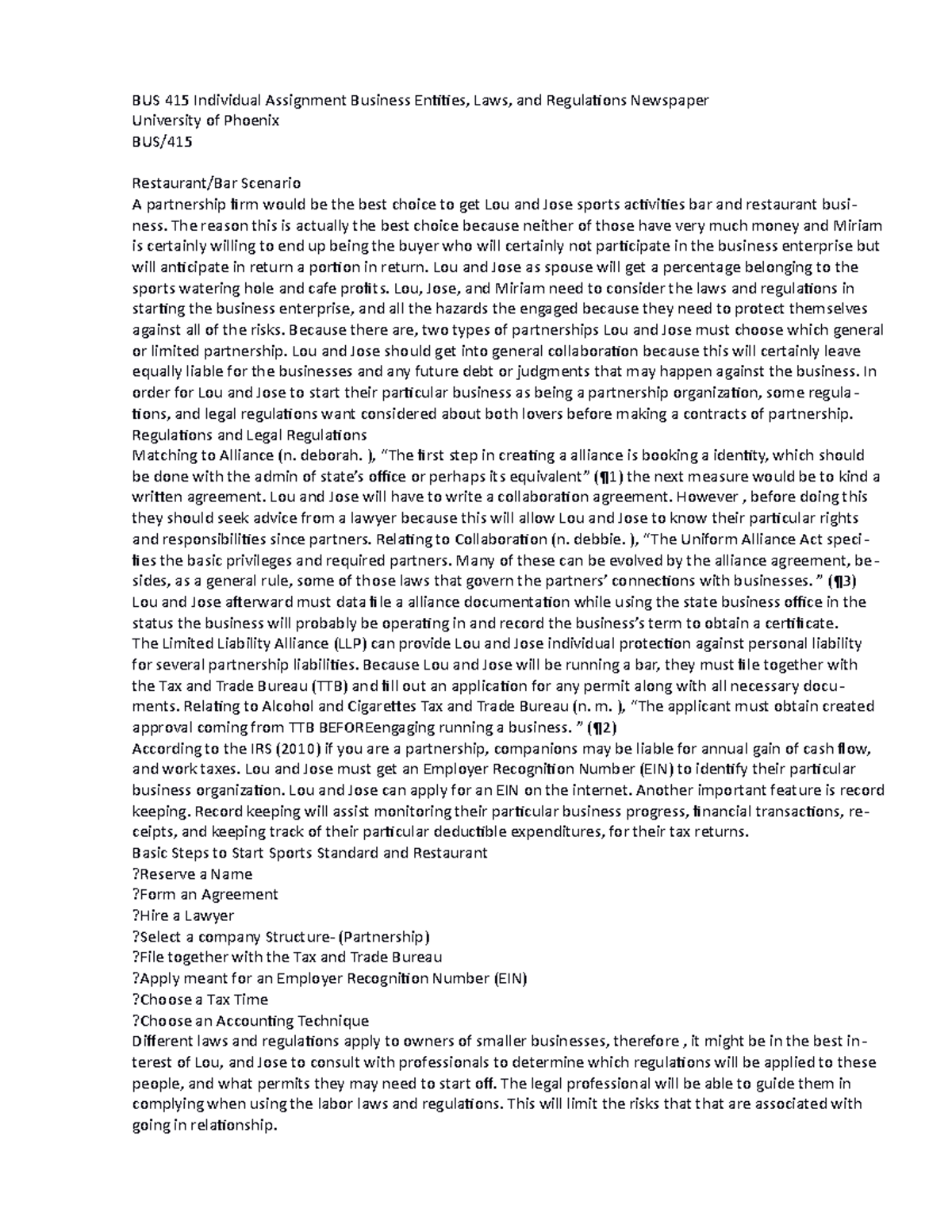 BUS 599 Individual Assignment Business Entities, Laws, and Regulations ...
