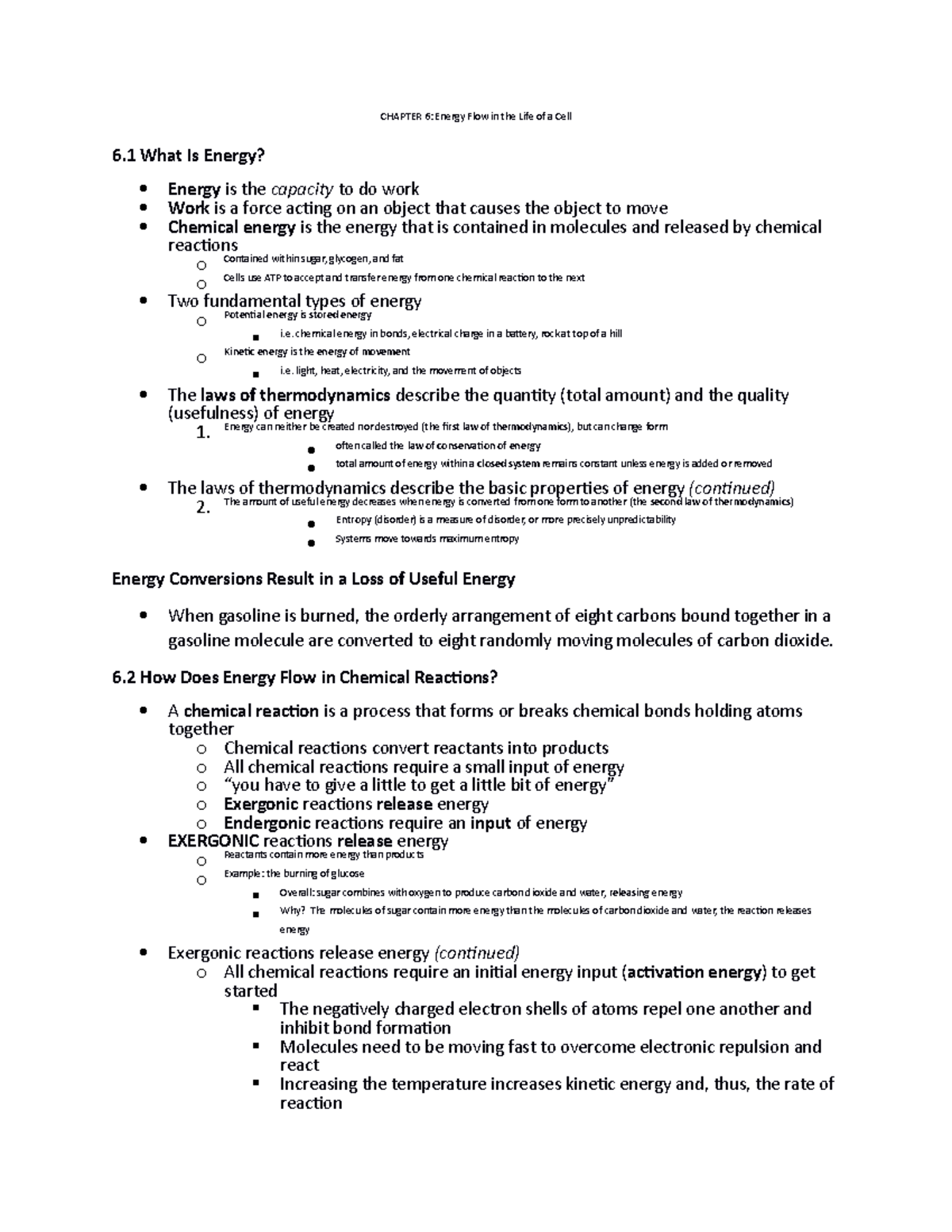 Chapter 6 Energy Flow in the Life of a Cell - CHAPTER 6: Energy Flow in ...