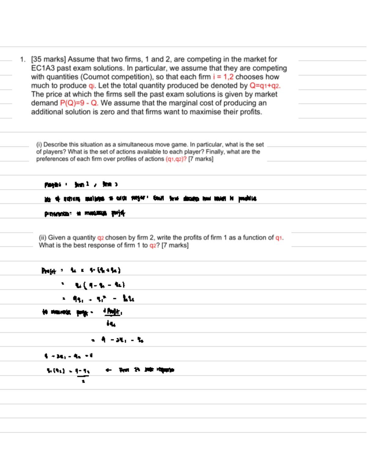 Problem set 7 - Players : firm1 , from 2 set of actions available to each player : Each firm ...