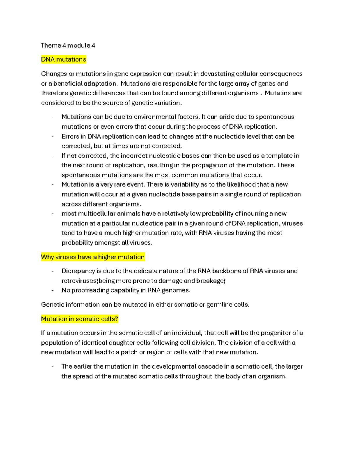 Theme 4 Module 4 - Notes for course - Theme 4 module 4 DNA mutations ...