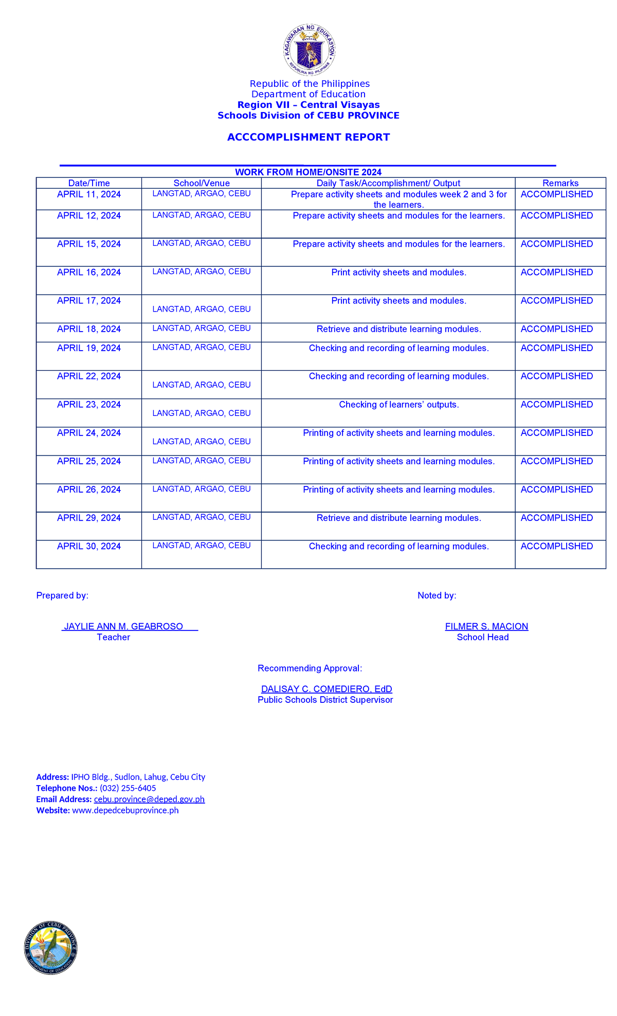 Accomplishment- Report-2023-2024 - Republic of the Philippines ...