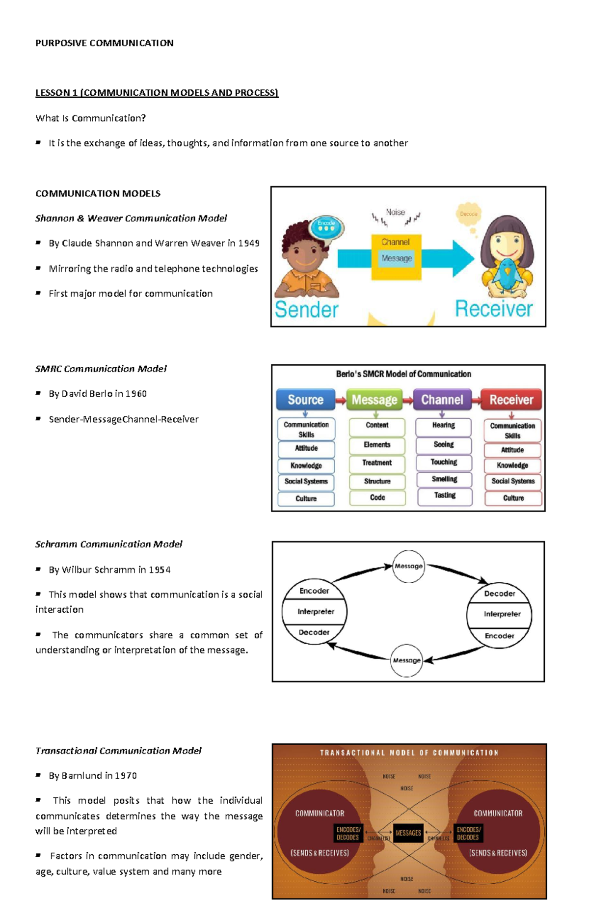 Purcom Lesson 1 to Lesson 8 - PURPOSIVE COMMUNICATION LESSON 1 (COMMUNICATION MODELS AND PROCESS ...