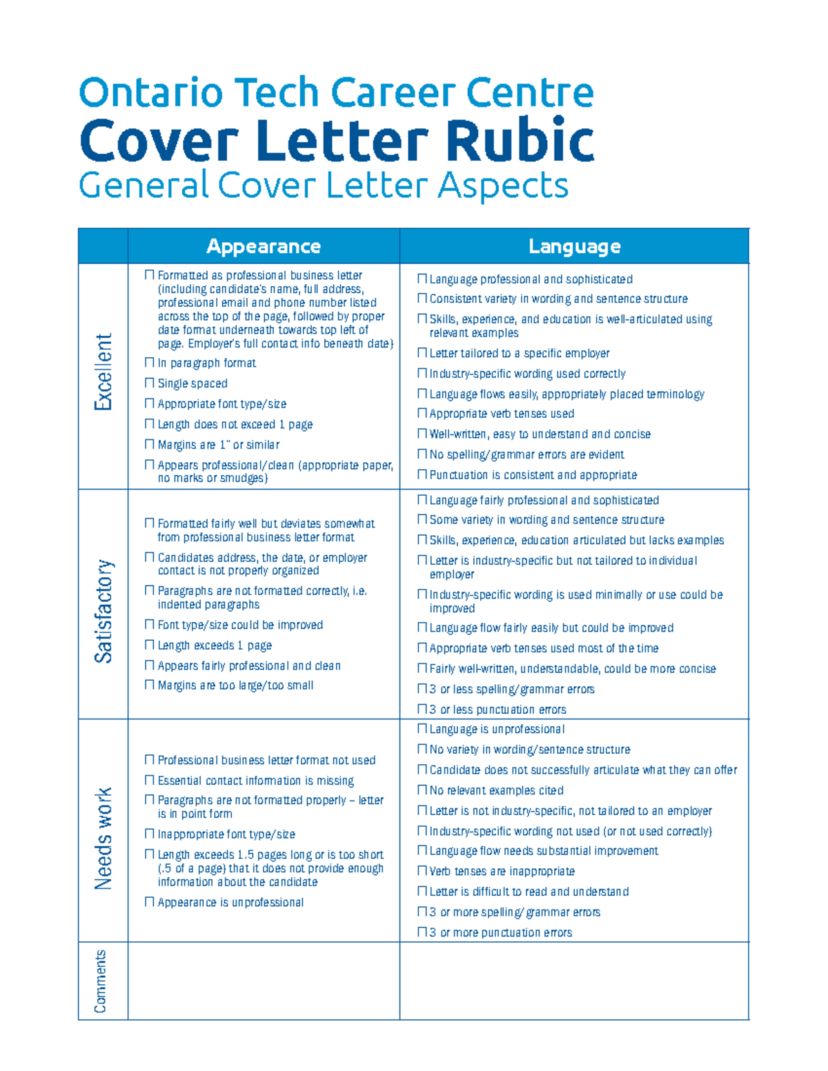 Cover Letter Rubric - Ontario Tech Career Centre General Cover Letter ...