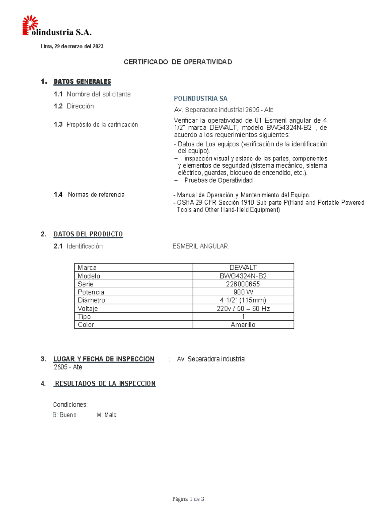 Certificado DE Operatividad - Esmeril Dewalt - Lima, 29 de marzo del ...