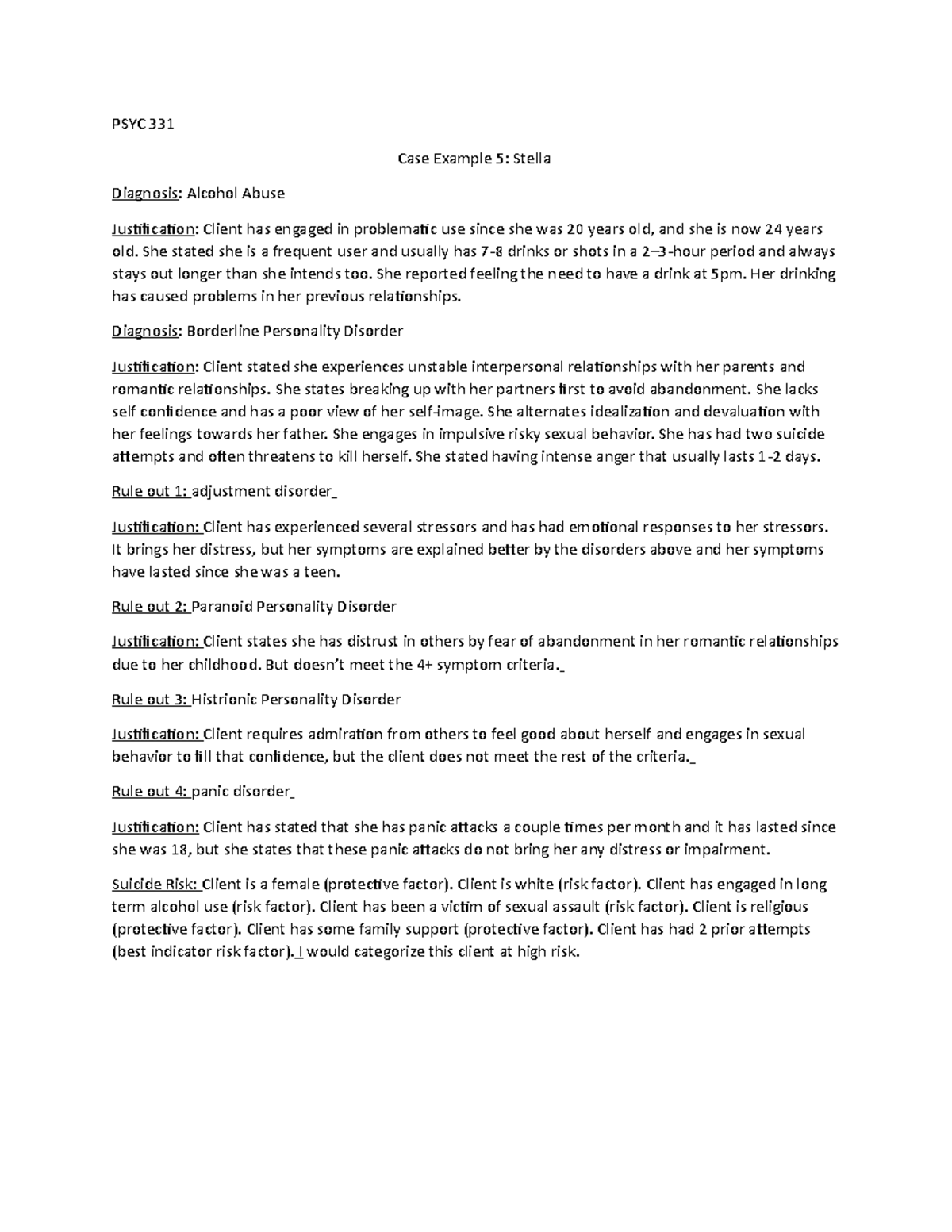 Case example 5 PSYCH331 - PSYC 331 Case Example 5: Stella Diagnosis ...
