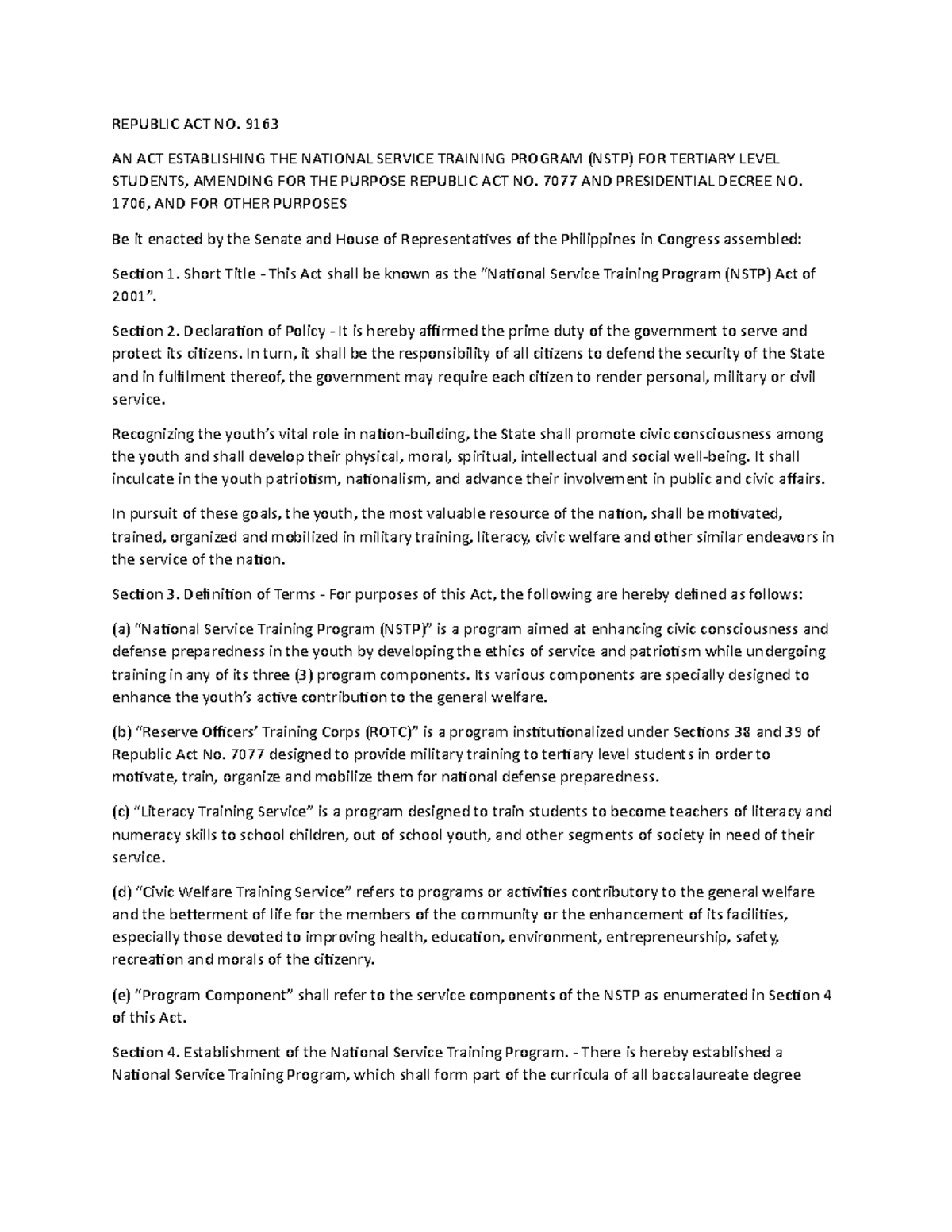 Republic ACT NO 9163 - REPUBLIC ACT NO. 9163 AN ACT ESTABLISHING THE ...
