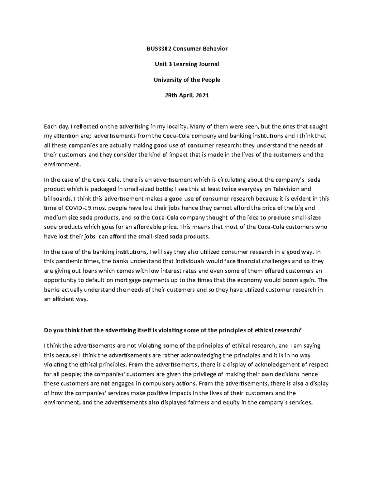 BUS3302 Unit 3 Learning Journal - BUS3302 Consumer Behavior Unit 3 ...
