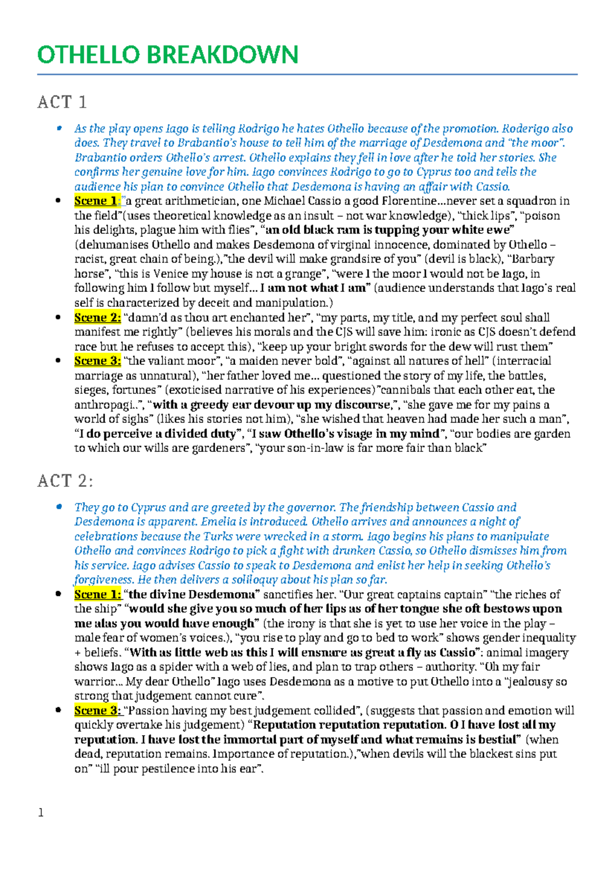 Othello themes and essay plans - OTHELLO BREAKDOWN ACT 1 As the play ...