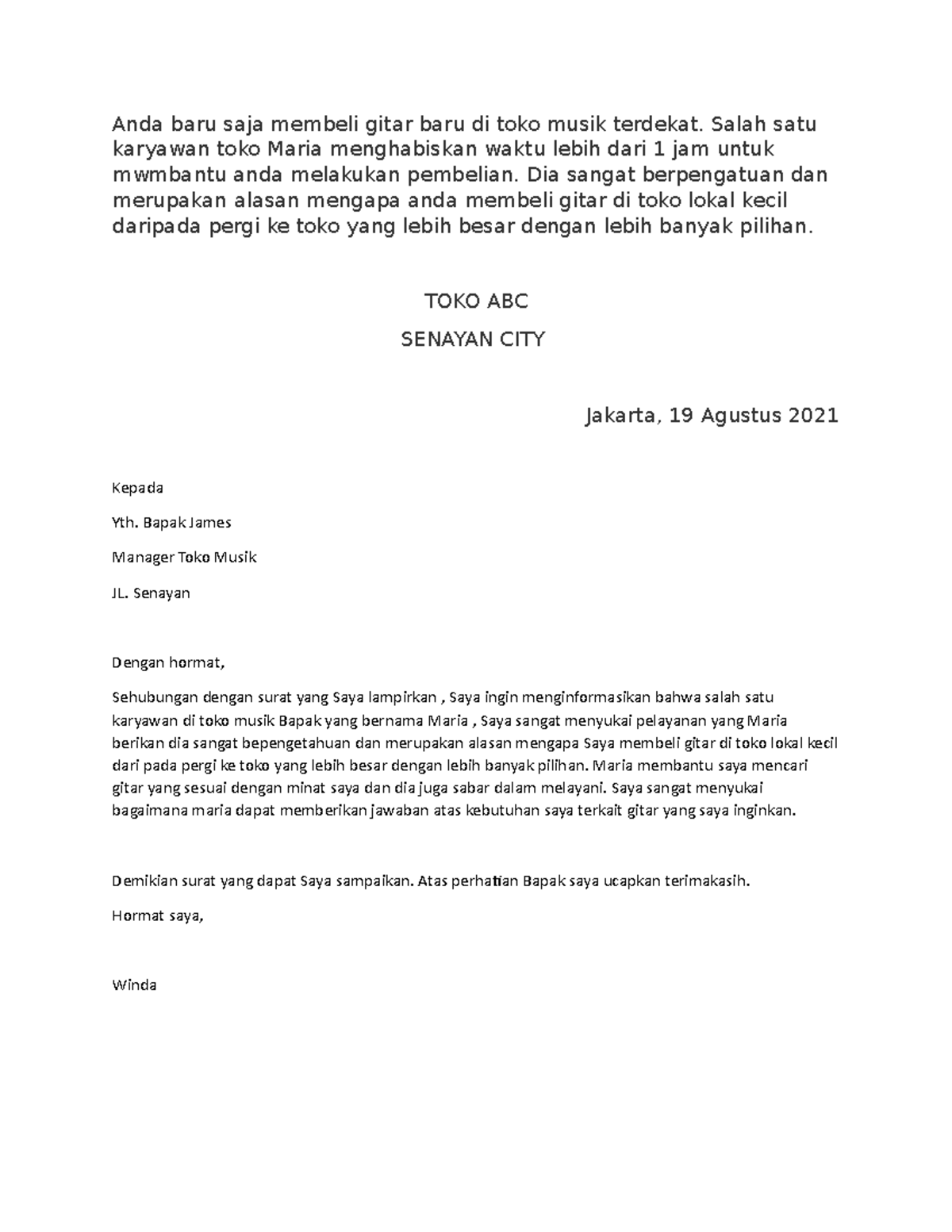 Surat ulasan pegawai toko - Anda baru saja membeli gitar baru di toko ...