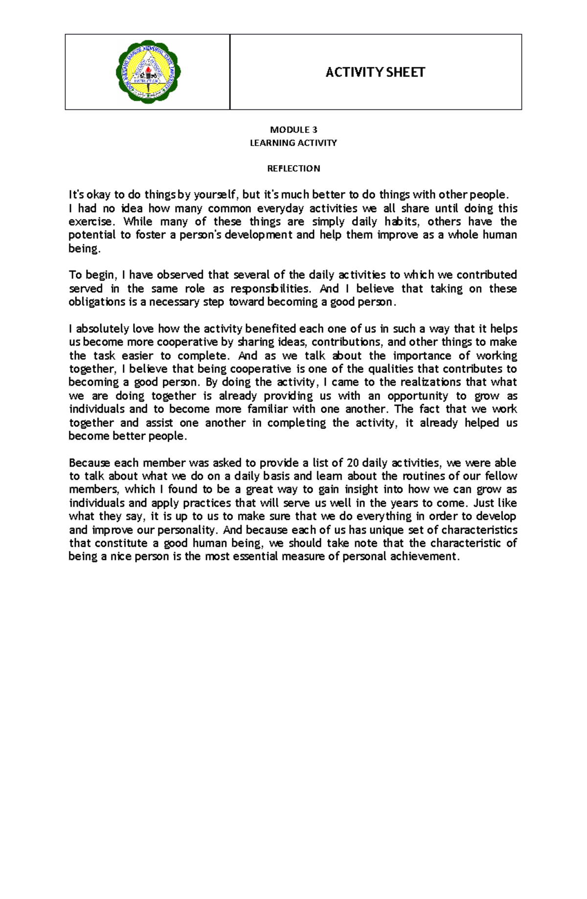 Reflection - ACTIVITY SHEET MODULE 3 LEARNING ACTIVITY REFLECTION It's ...