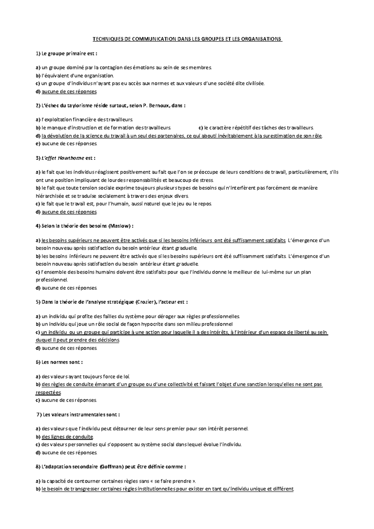 TCGO QCM 1 re sultats - Utile pour l'examen - TECHNIQUES DE COMMUNICATION DANS LES GROUPES ET ...