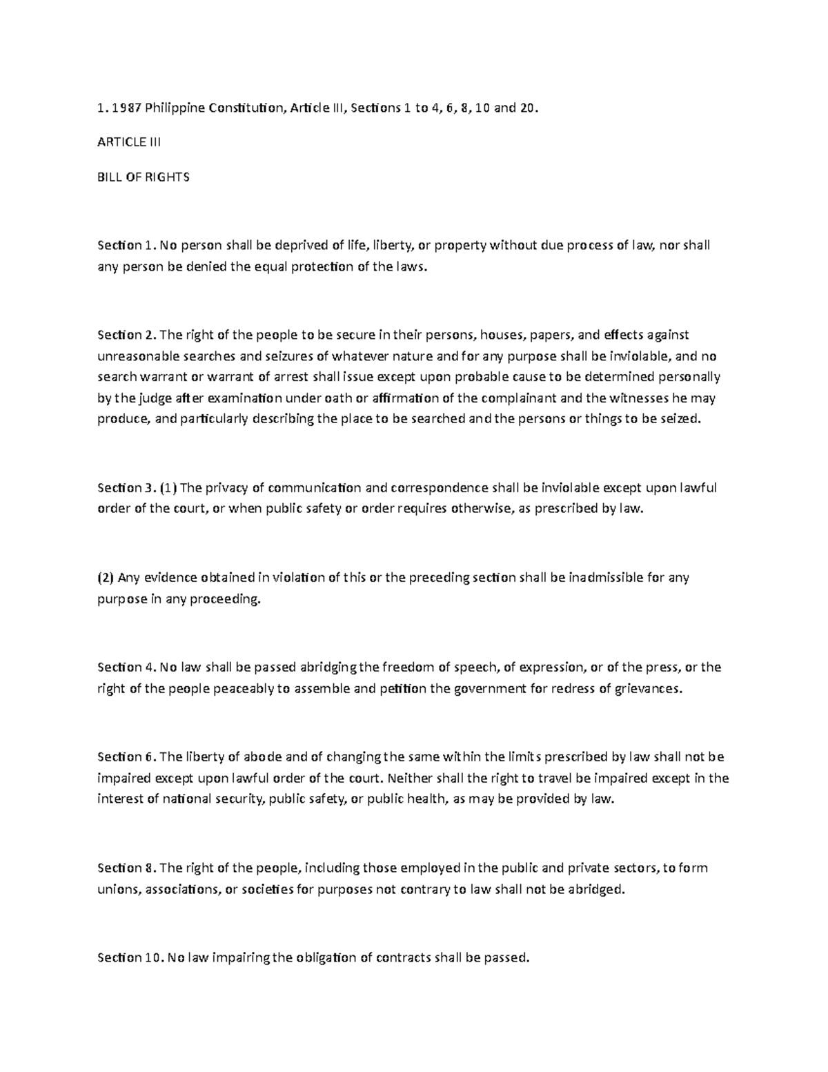 1. 1987 PH - Philippine Constitution, Foreign Investment Act, Bill of ...