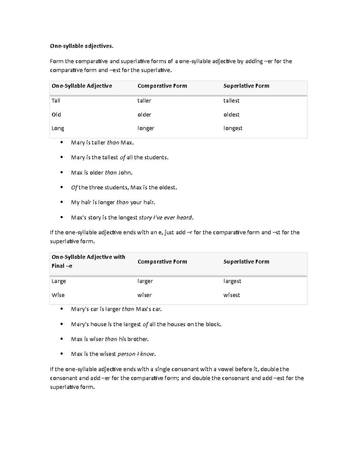 Comparative rules - PARA APRENDER VOCABULARIOS - One-syllable ...