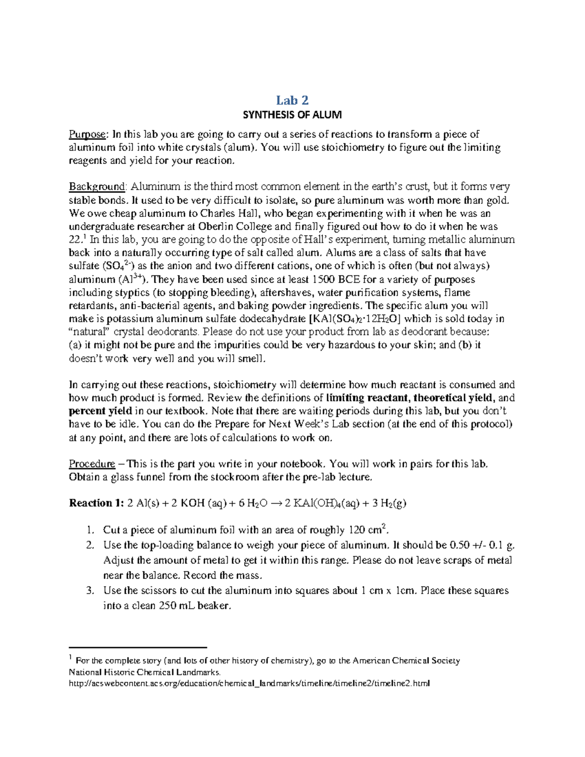 111Lab2F17 - Lab 2 - Lab 2 SYNTHESIS OF ALUM Purpose: In this lab you ...