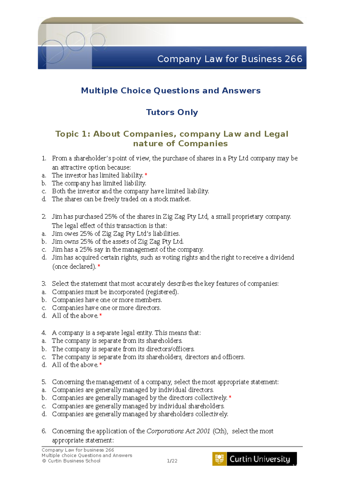 Doc - multiple choice guide - Company Law for Business 266 Multiple ...