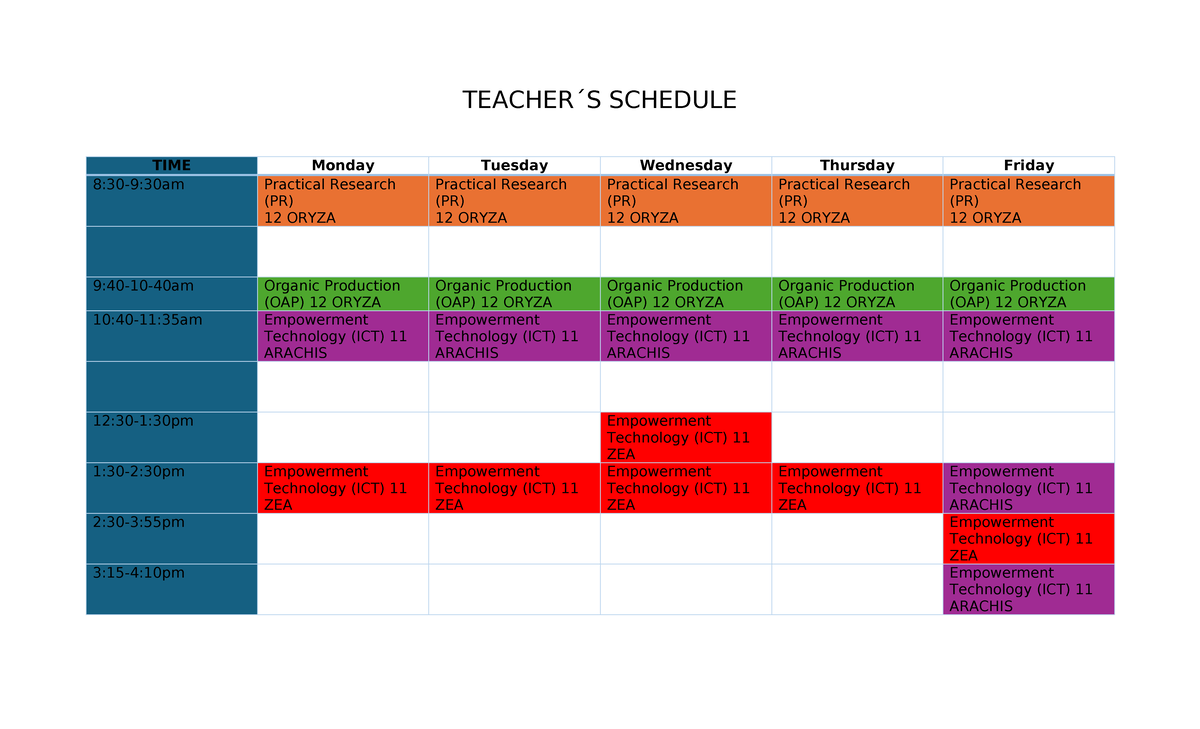 Teachers schedule - TEACHER ́S SCHEDULE TIME Monday Tuesday Wednesday ...