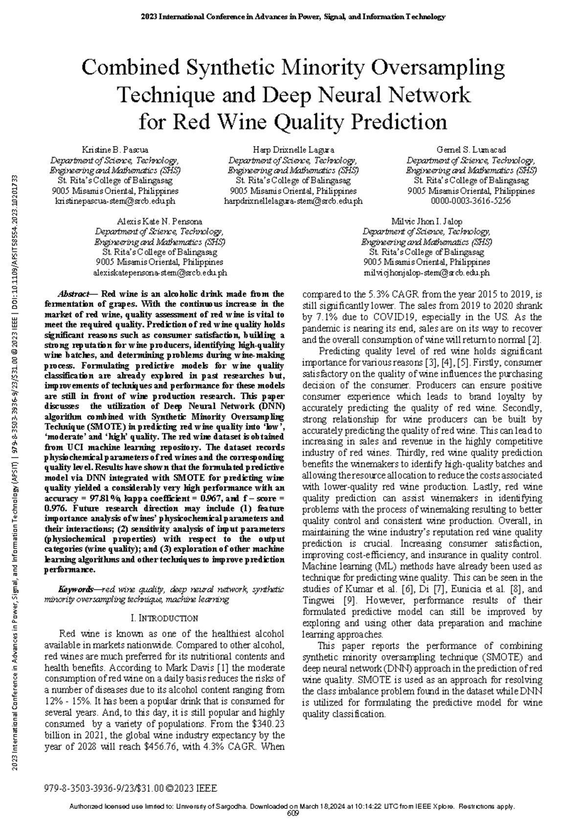 Combined Synthetic Minority Oversampling Technique And Deep Neural Network For Red Wine Quality